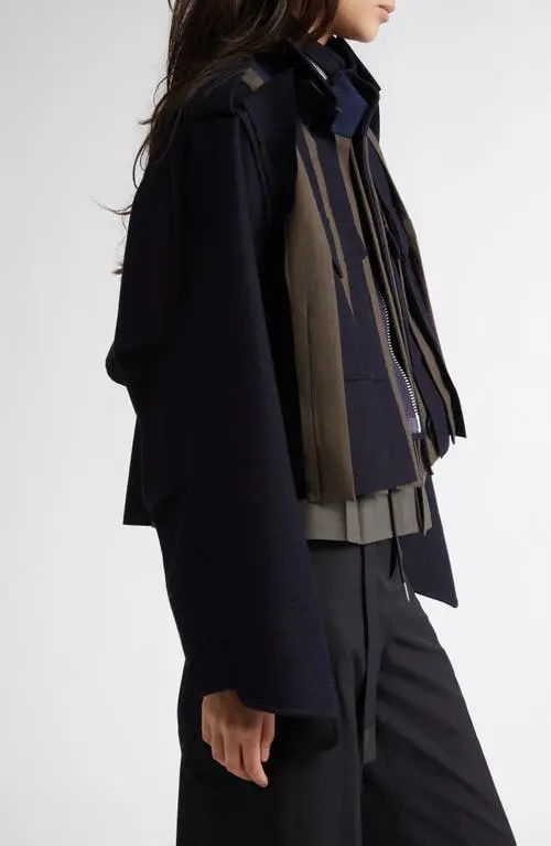 M*c様 sacai 19-02044M Wool Melton Cropped Sacai Pinstripe Melton Wool Crop Military Jacket In Dark Khaki